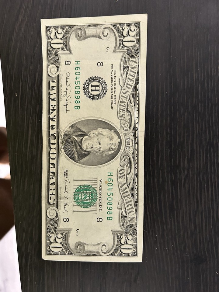 1990 $20 Twenty Dollar Bill Federal Reserve Note Green Seal Old Vintage ...