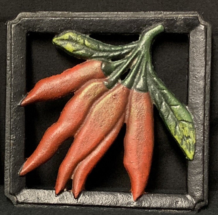 Vintage Red Pepper Trivet Cast Iron Chili Peppers Footed Hot Pan Rest ...