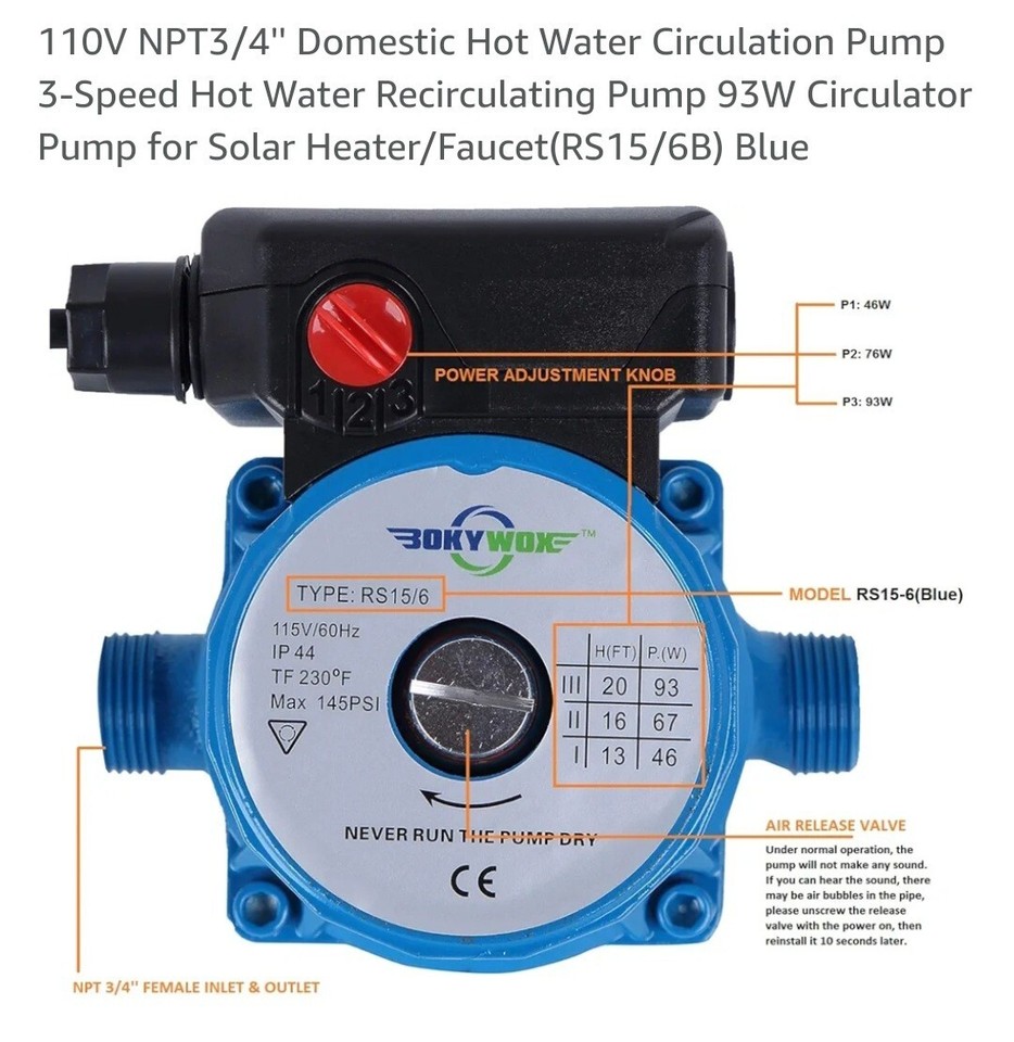 110V Automatic Booster Pump NPT3/4'' Domestic Hot Water Recirculating ...