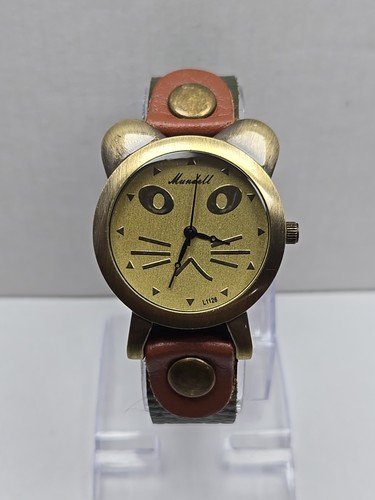 Mundell Cats Face Womens Quartz Watch Green Leather Strap Brass Tone ...