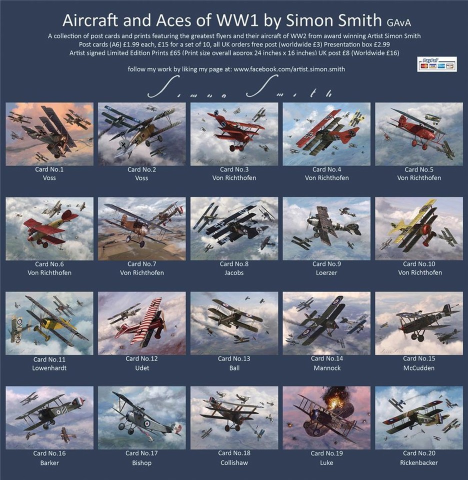 WW1 ACES postcards /Prints FOKKER DR1 DVII Albatros RICHTHOFEN McCudden ...
