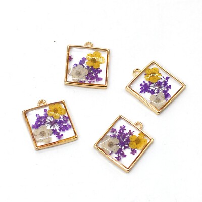 4PCS Gold Tone Real Dry Pressed Flower Resin Square Charm Pendant ...