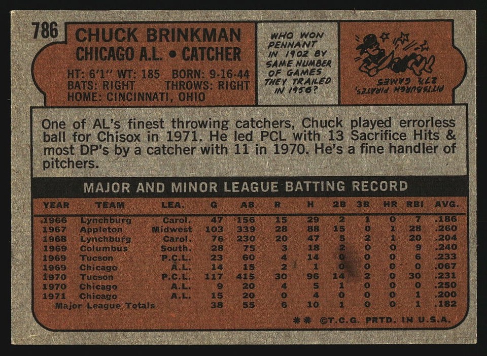 1972 Topps #786 Chuck Brinkman BASEBALL Chicago White Sox | eBay