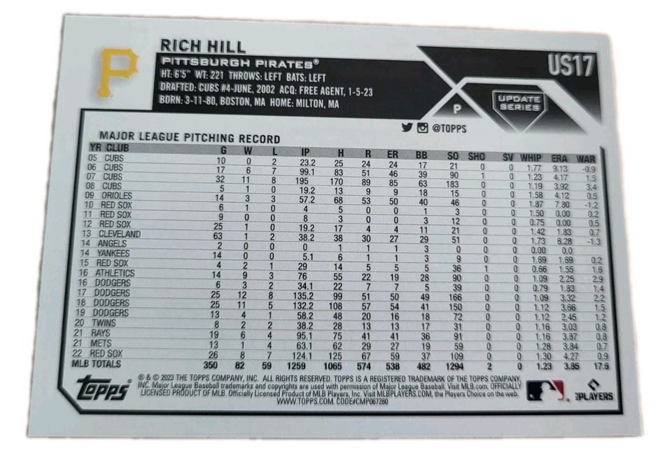 2023 Topps Baseball Card Rich Hill Pittsburgh Pirates #US17 (E1 | eBay