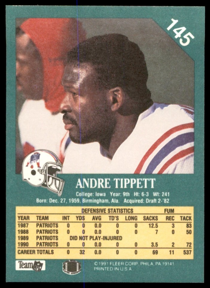 1991 Fleer Andre Tippett . New England Patriots #145 | eBay