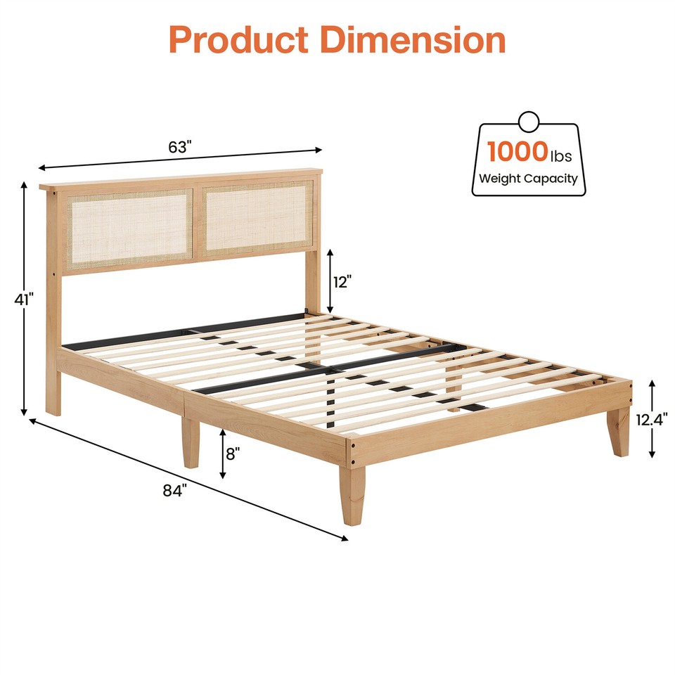 Queen/FULL Size Bed Frame W/Natural Rattan Storage Headboard Platform ...