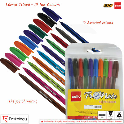 10 x 1.0mm BIC CELLO Trimate MULTI COLOURS Medium Ballpoint Pens ...