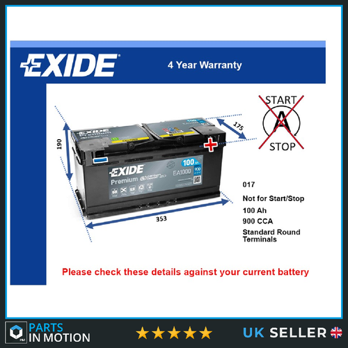 Battery fits VOLVO XC90 XC70 XC60 S60 V60 S80 V70 00 to 18 Exide 017 ...