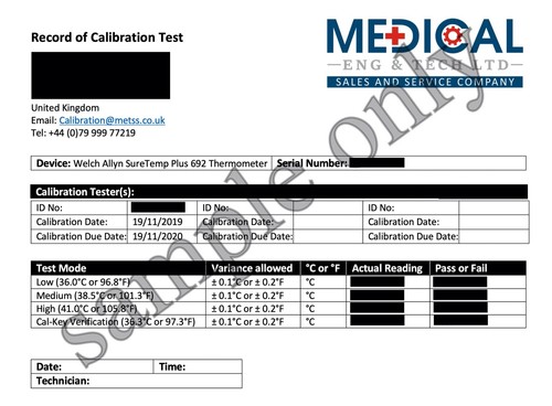 CALIBRATION TEST SERVICE Welch Allyn Braun ThermoScan PRO 6000 and 4000 ...
