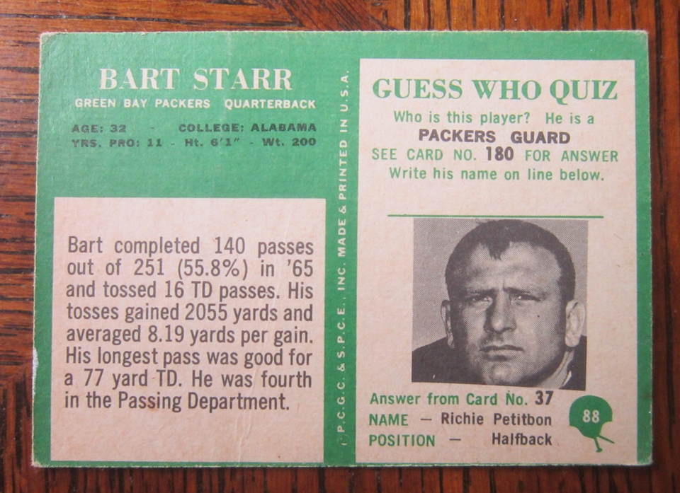 Vintage 1966 Philadelphia BART STARR NFL FOOTBALL CARD #88 Packers ...