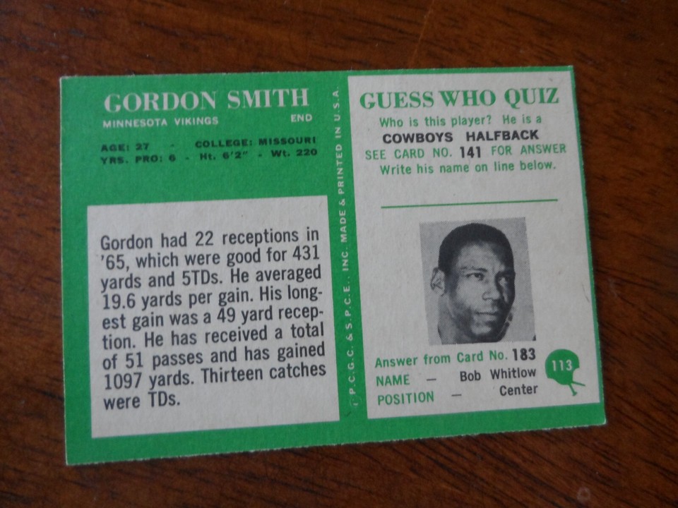 1966 PHILADELPHIA FOOTBALL #113 GORDON SMITH MINNESOTA VIKINGS EX A-479 ...