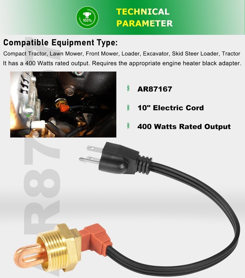 Engine Block Coolant Heater Kit for John Deere 1025R 110 2210 2305 4210 ...