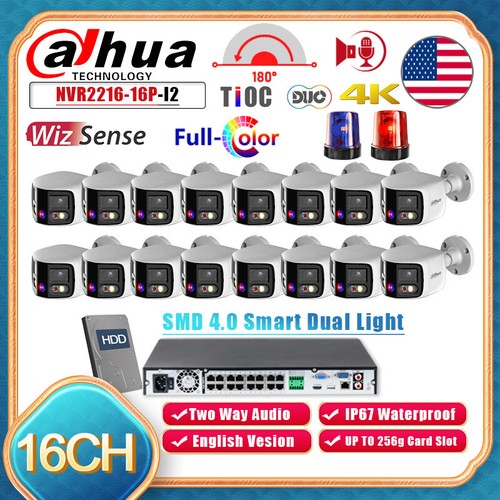 Dahua 4K 16CH 8MP 180°Panoramic Camera System ColorVu Audio Bullet Dual ...
