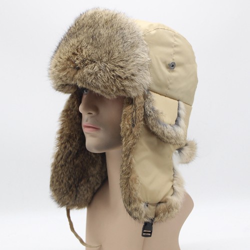 Winter Warm Real Rabbit Fur Ushanka Trapper Hat Earflap Ski Cap Russian ...