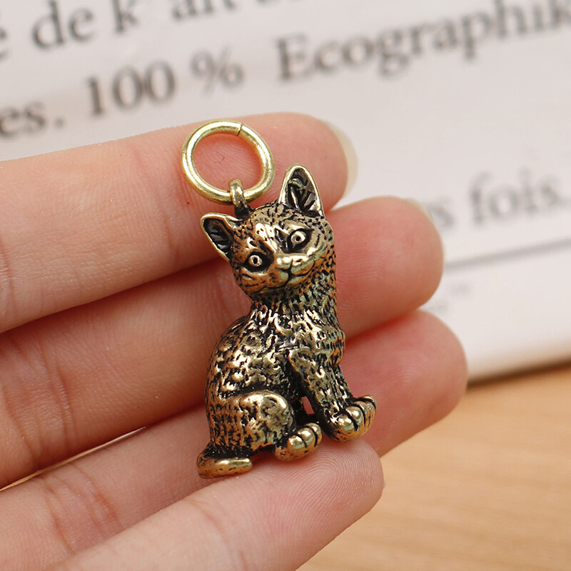 Pure Copper Cat Keychain DIY Hanging Accessories Jewelry Cute Keyring ...