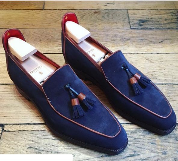 Handmade navy blue suede leather Formal Casual Tassels moccasin shoes ...