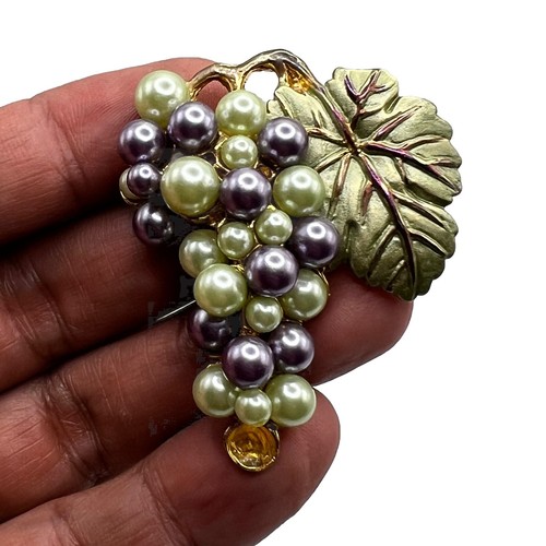 Pin Brooch Grapes Bunch Faux Pearl Multicolor Enamel One Berry Missing ...