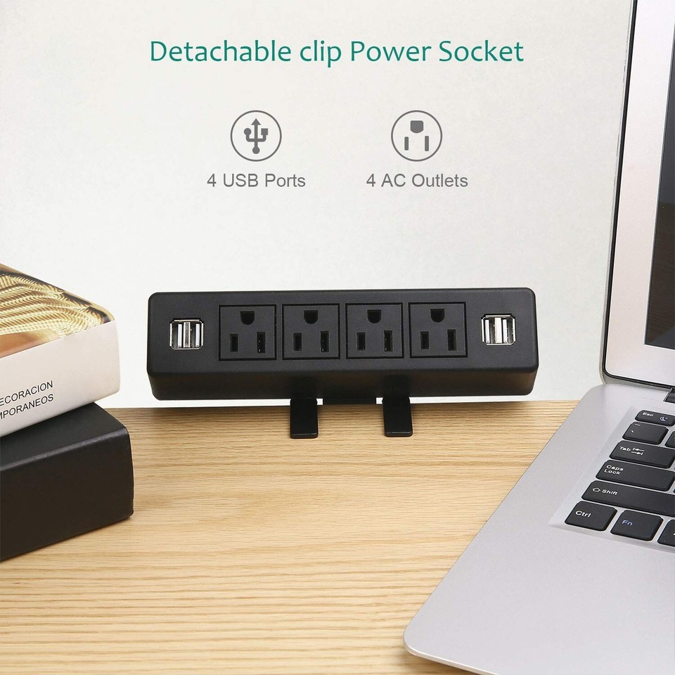 Desk Edge Power Strip 4 USB Port Removable Clamp Power Outlet Socket 6. ...