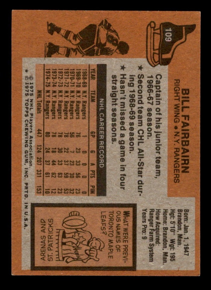 1975 Topps Hockey #109 Bill Fairbairn EX/MT | eBay
