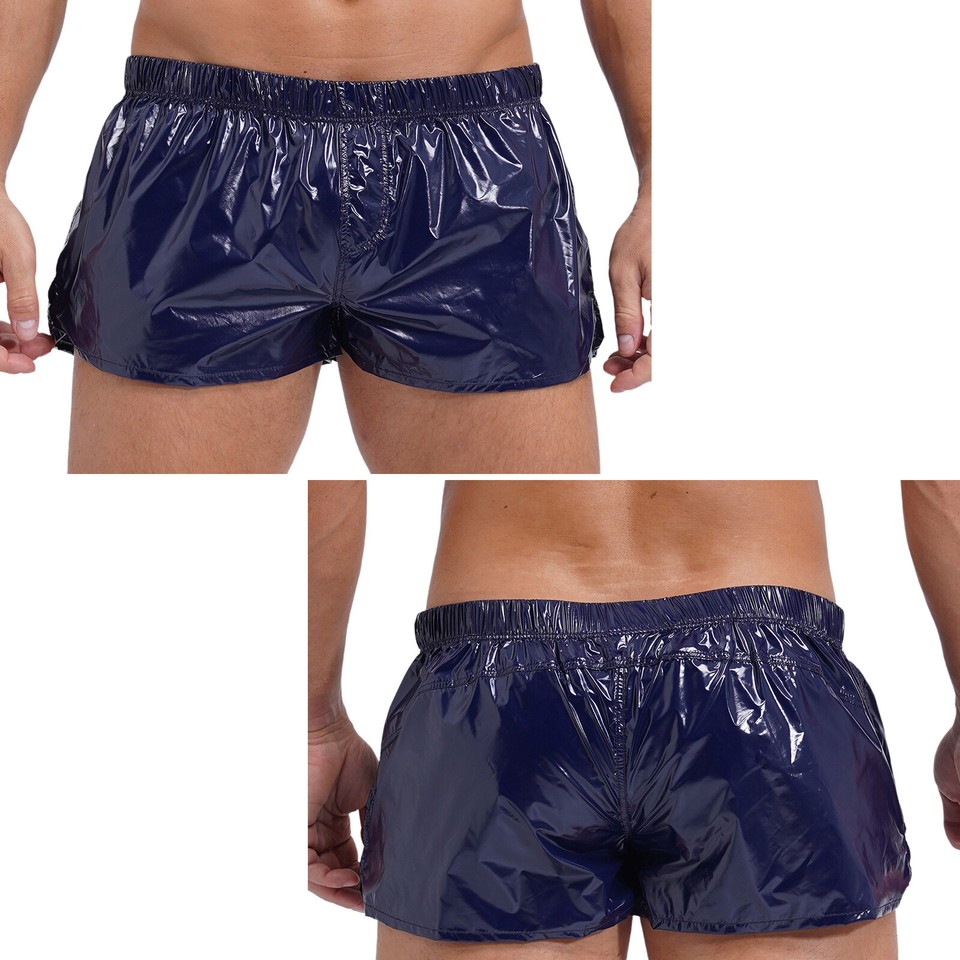 Men's Elastic Shiny Boxer Shorts Split Side Briefs Trunks Beach Shorts ...