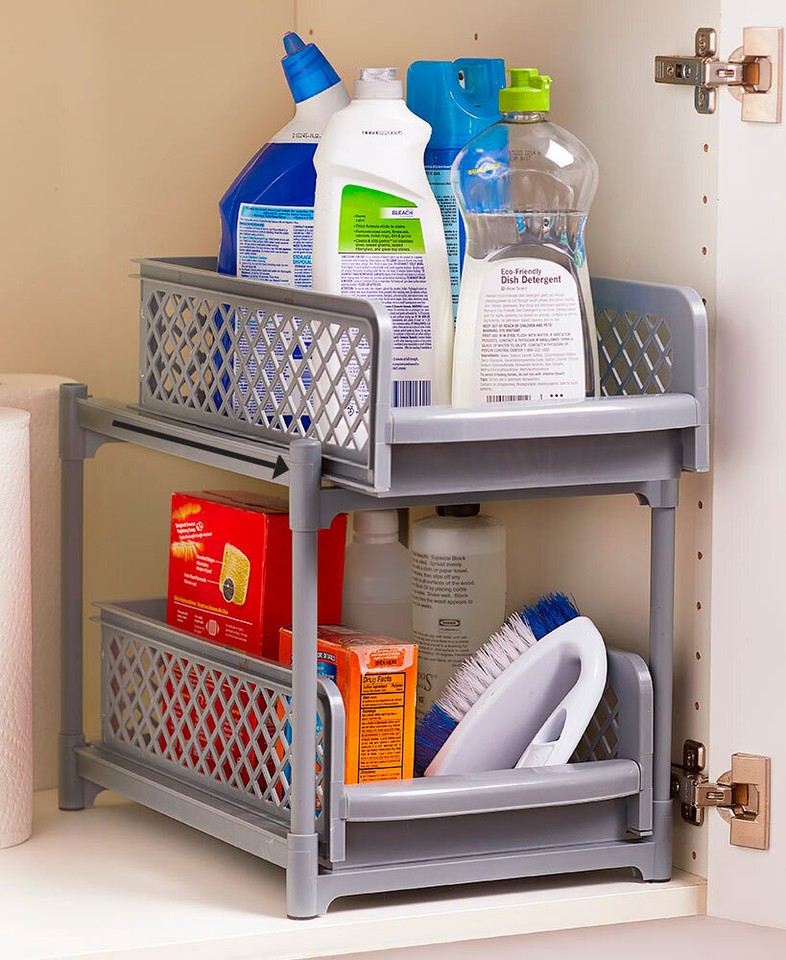 2-Tier Sliding Cabinet Storage Organizer Baskets Shelf Bins Space ...