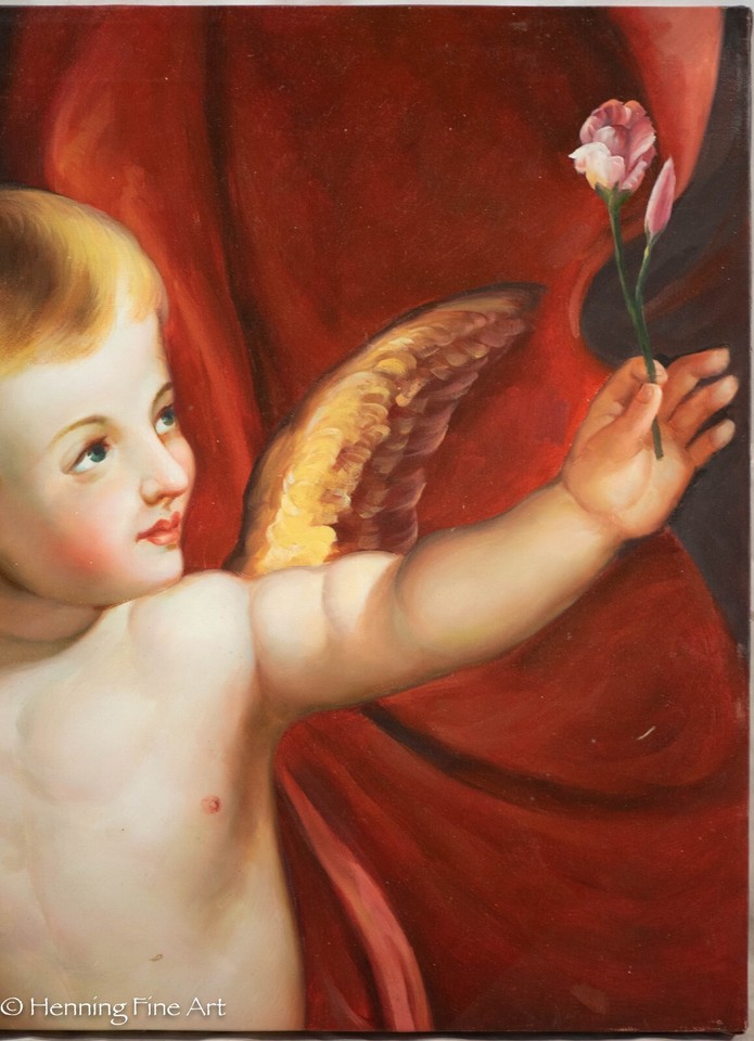 Beautiful Oil Painting Winged Cupid with Roses, Cherub Angel Oil on ...