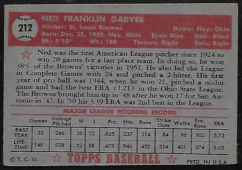 1952 Topps #212 Ned Garver St. Louis Browns-Nice! | eBay