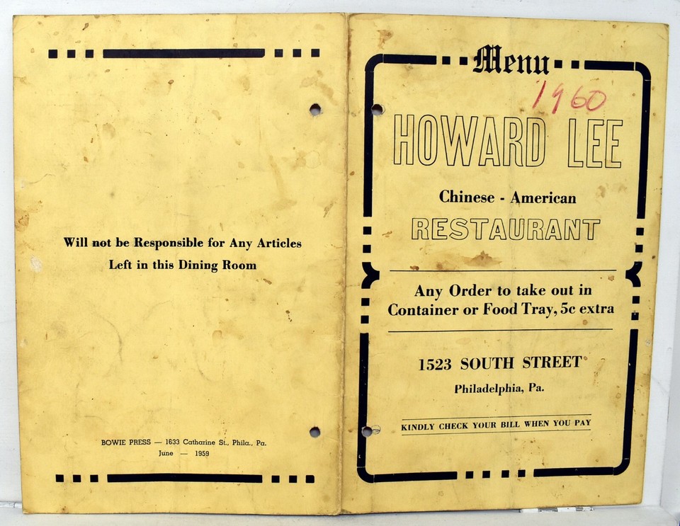 1960 Howard Lee Chinese Restaurant Menu 1523 South Street Philadelphia ...