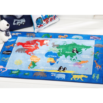 Multi-Color Educational Area Rug Kids World Map Playmat Animals ...