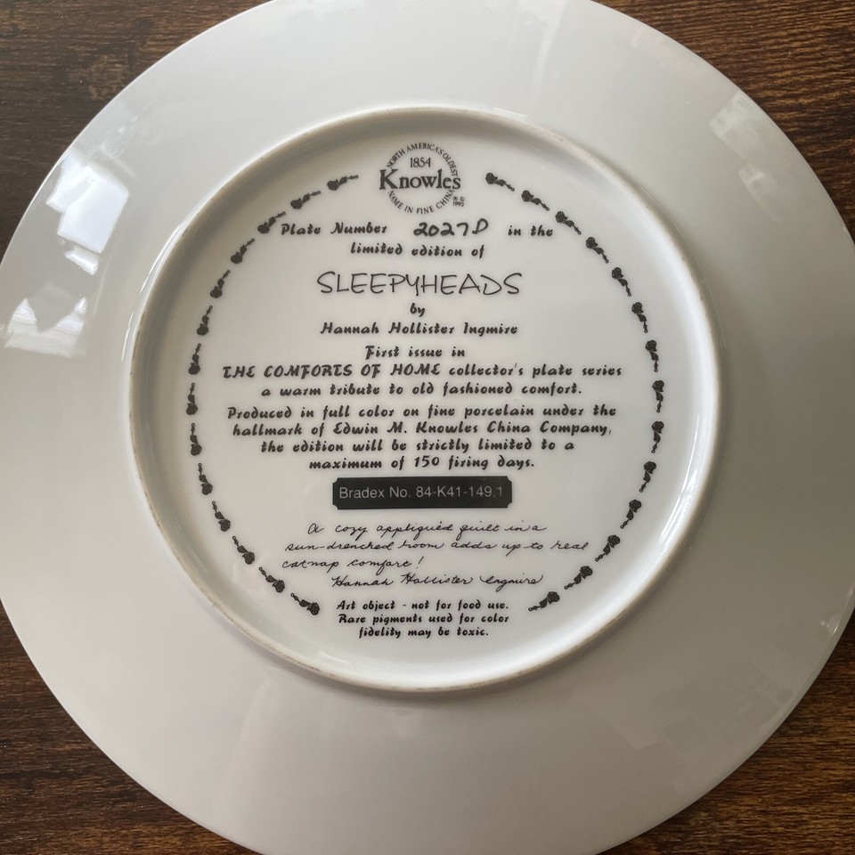 1992 Knowles Hannah Hollister Ingmire SLEEPYHEADS Cats Porcelain Plate ...