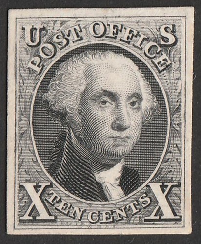 UNITED STATES 1847 Washington 10c grey-black plate proof on card imperf ...