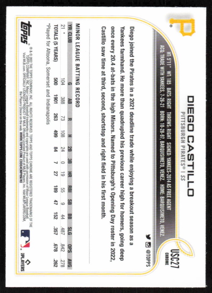 2022 Topps Chrome Update #USC27 Diego Castillo RC - FREE SHIPPING | eBay