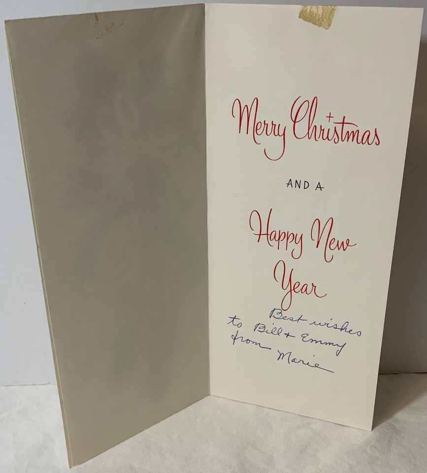 VTG Christmas Card Swag With Ornaments & Blue Bell White Ribbon Silver ...