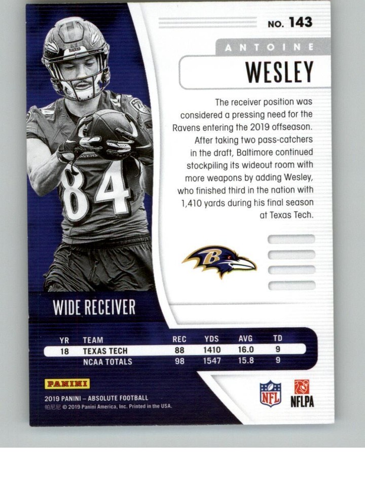 2019 Panini Absolute Antoine Wesley 143 RC Baltimore Ravens Retail | eBay
