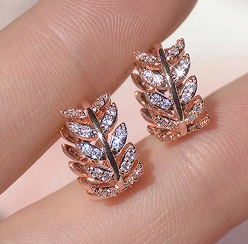 Geometric Leaf Hoop Earrings for Women Cubic Zirconia Copper Alloy Rose ...