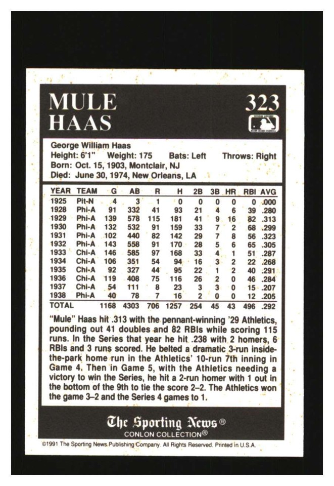 1991 Conlon Collection #323 Mule Haas Chicago White Sox NM-MT | eBay