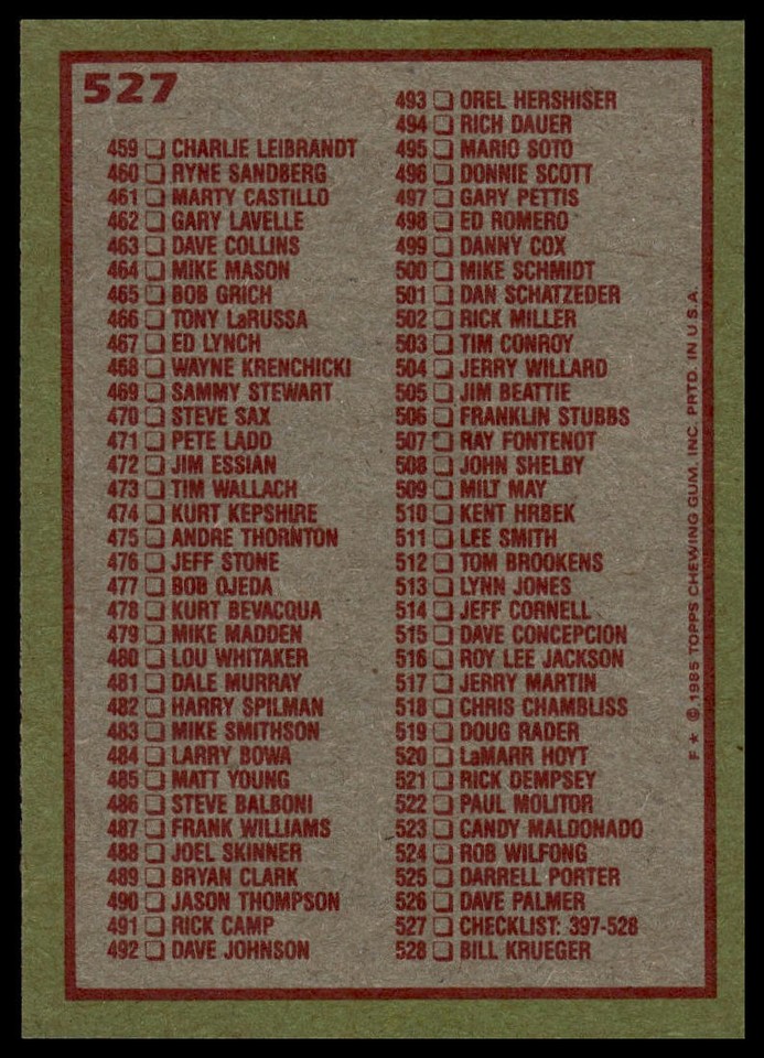 1985 Topps #527 Checklist: 397-528 | eBay