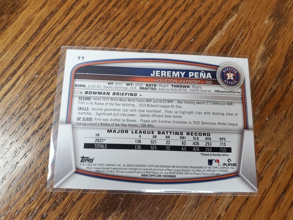 2023 Bowman Baseball #77 Jeremy Pena Houston Astros Baseball Card | eBay