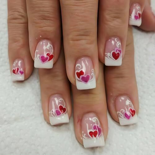 24Pcs Valentine's Day White French Tip Press On Nails pink glitter love ...
