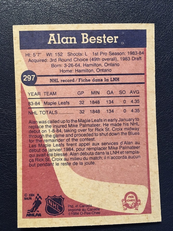 1984-85 O-Pee-Chee Allan Bester Rookie Toronto Maple Leafs #297 Near ...