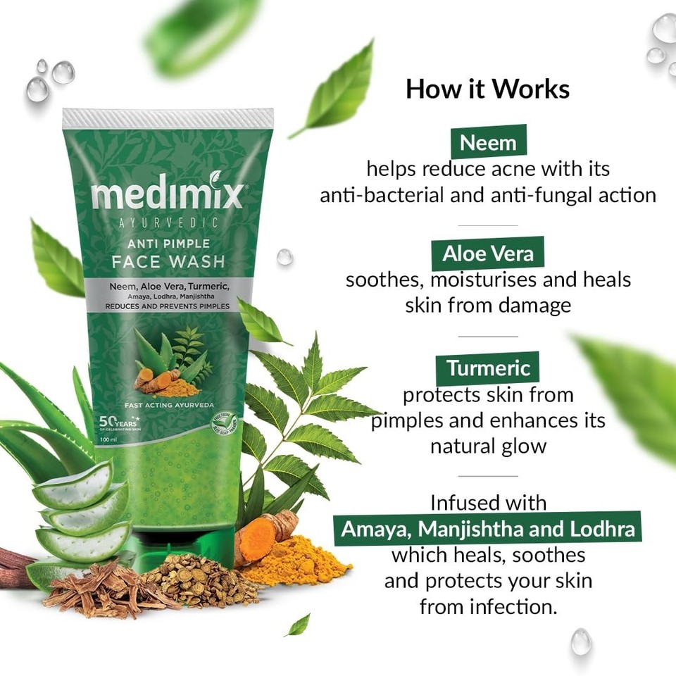 Medimix Ayurvedic Anti Pimple Face Wash,Neem, Aloe Vera, Turmeric 100ml ...