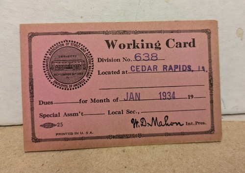 1934 Assoc Street & Electric Railway Employees Working Card Cedar ...