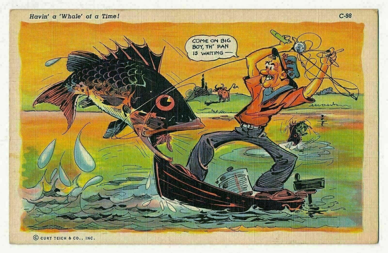 Havin' A Whale of a Time! Fishing Exaggeration Vintage Postcard 1940's ...
