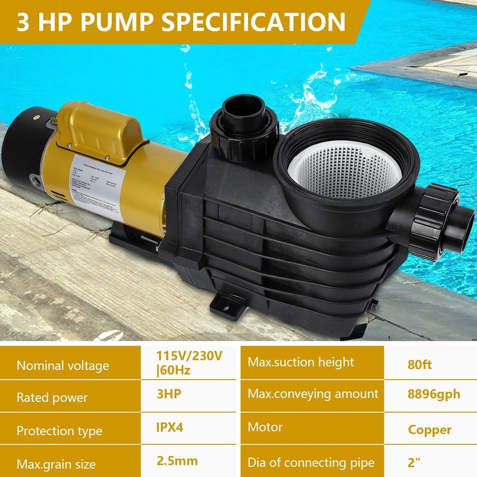 3HP Swimming Pool Pump Dual Speed In/Above Ground Water Pump 115V/230V ...
