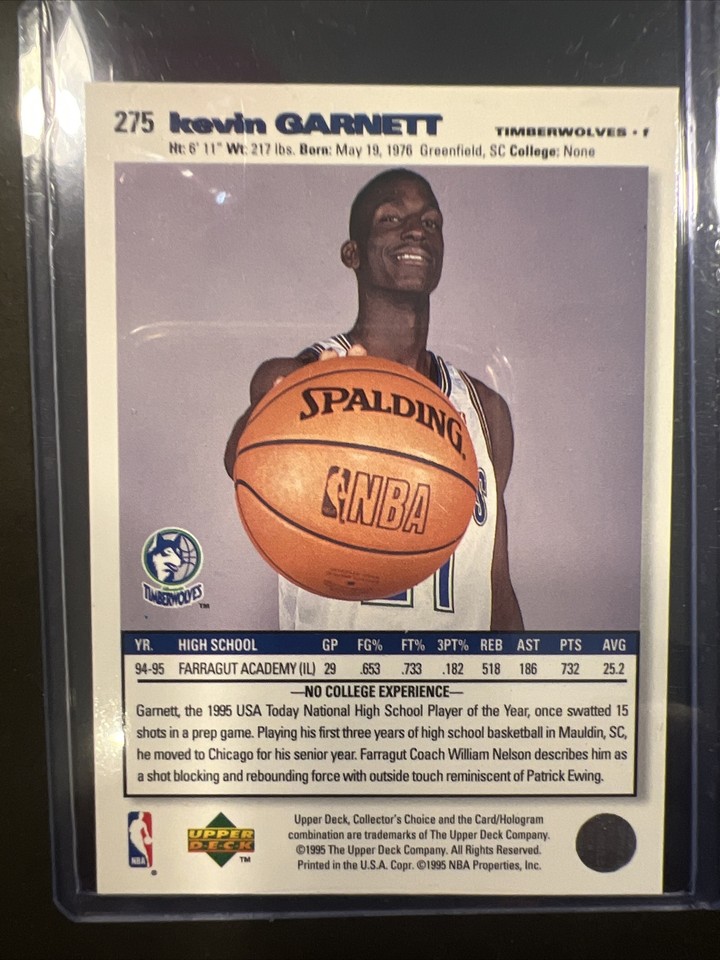 1995 Collector's Choice Upper Deck Kevin Garnett Rookie RARE NBA Card ...