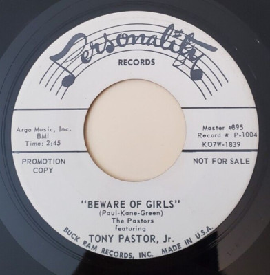 Pastors featuring Tony Pastor Jr. BEWARE OF GIRLS (PROMO ROCK 45) #1838 ...