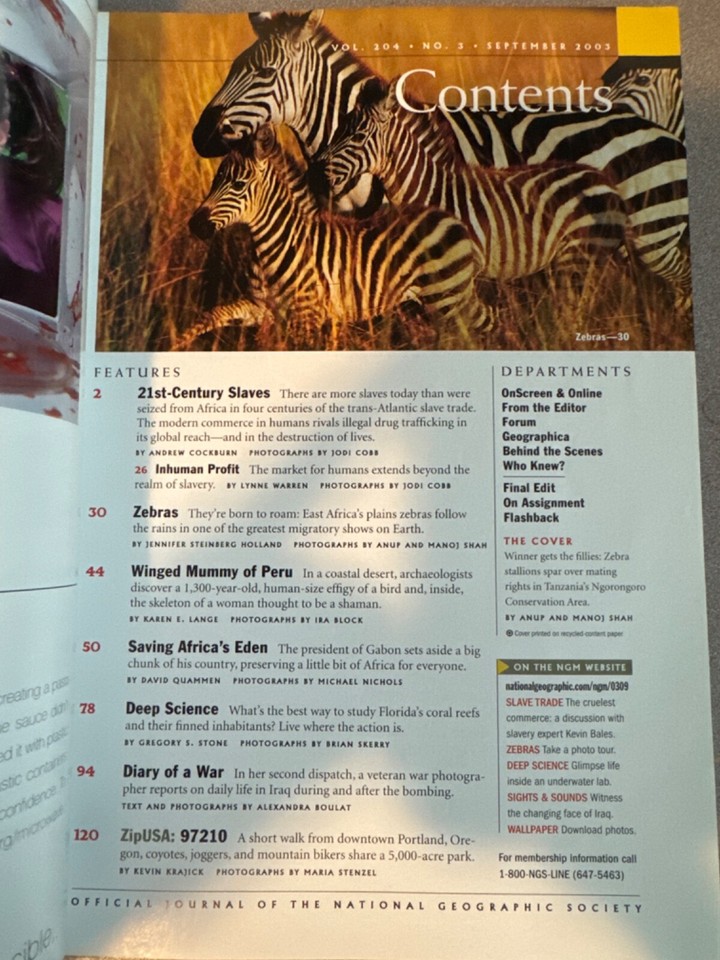 National Geographic September 2003 Zebras, Africa's Eden, Iraq ...