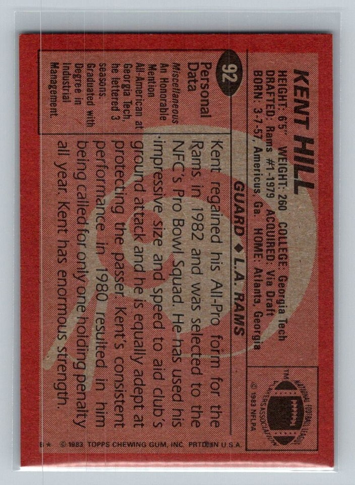 1983 NFL Topps Kent Hill #92 L.A. Rams 83-TFBC | eBay