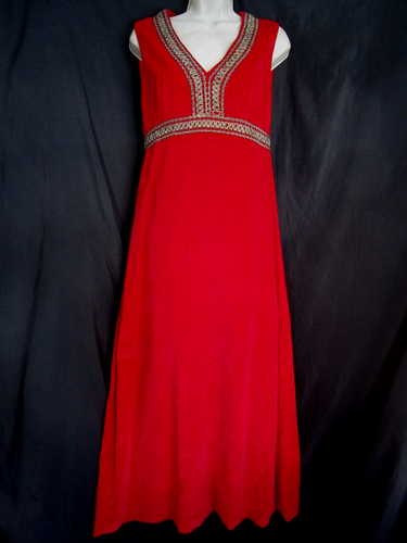 Vtg Red Velvet Holiday Party Hostess Empire Maxi Gown Dinner Dress Gold ...