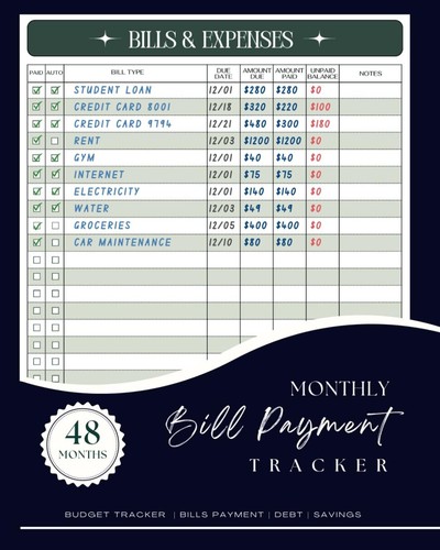 Monthly Bill Payment Tracker Notebook: Bills Income Debt and Savings ...